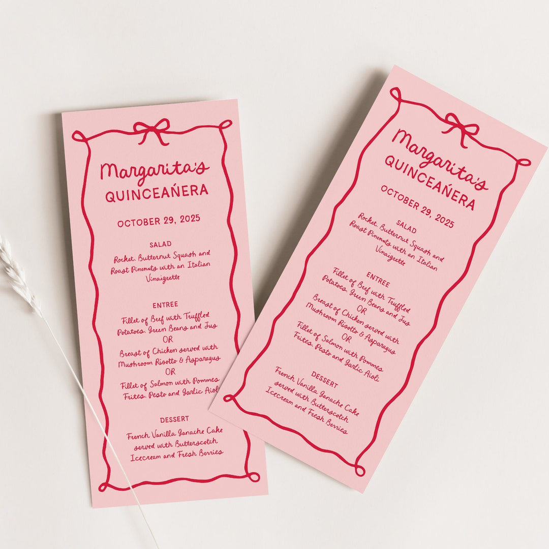 Bow Quinceanera Menu, Red Pink Modern Mis Quince 15 Anos Template With ...