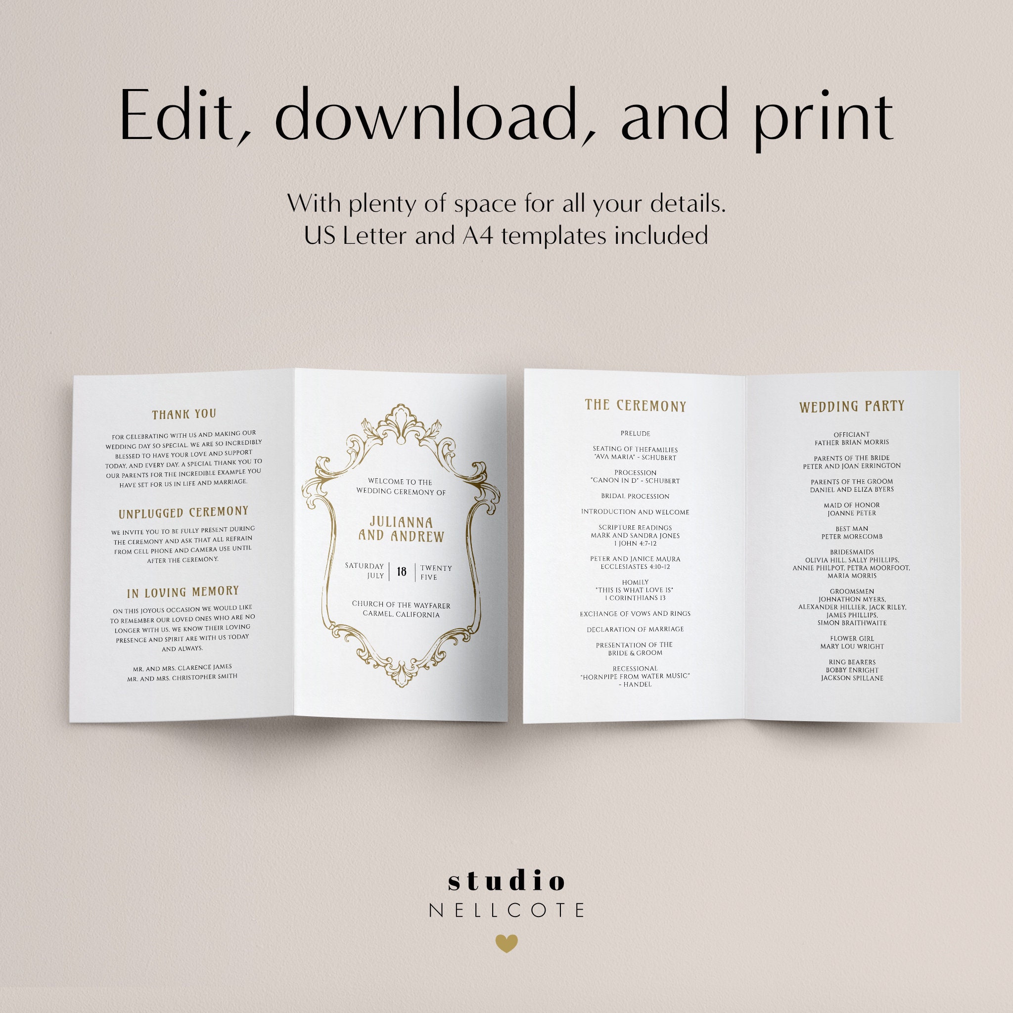 Gold Wedding Ceremony Program, Baroque Folded Handwritten Program ...