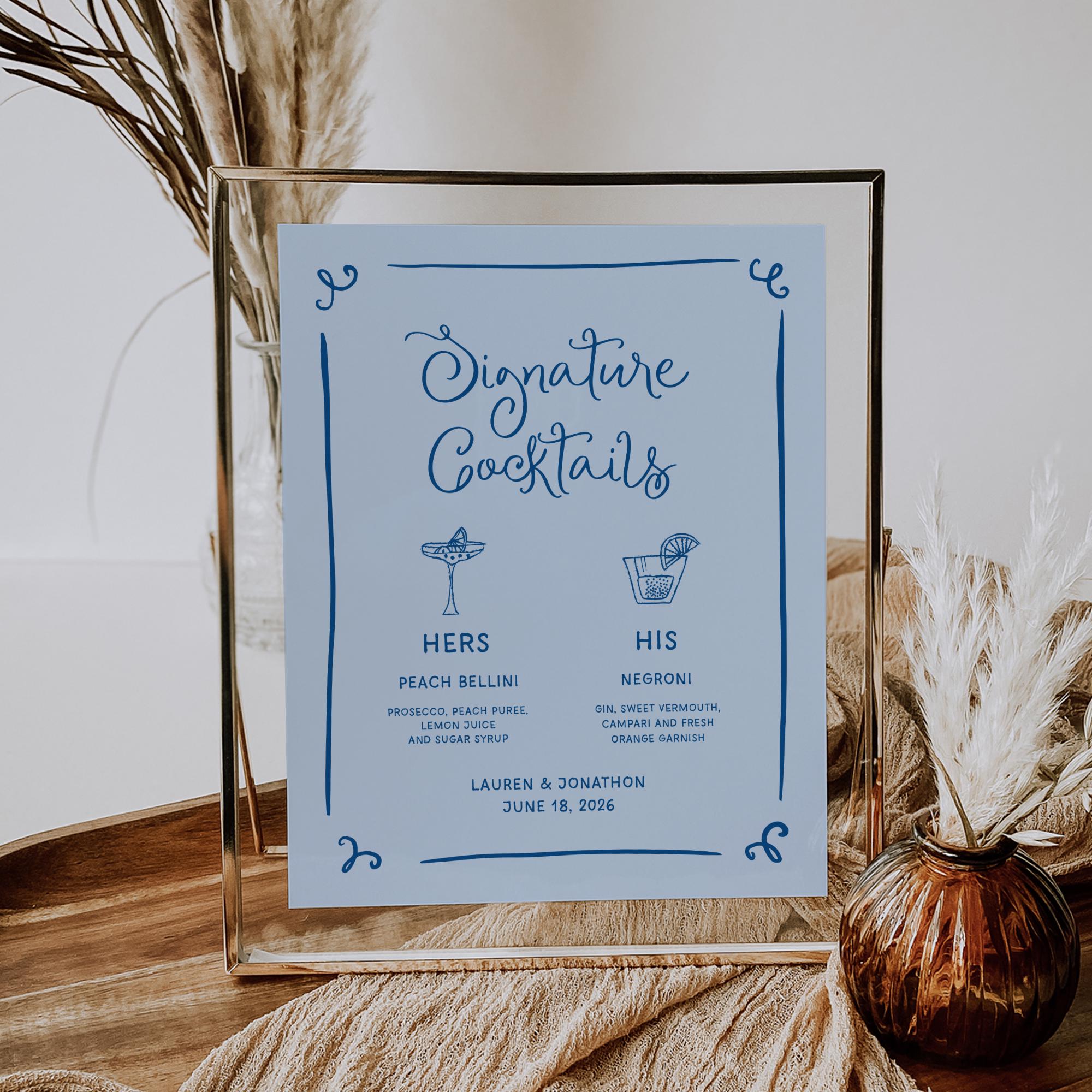 Hand Drawn Signature Cocktails Sign, Whimsical Wavy Baby Blue Drinks ...