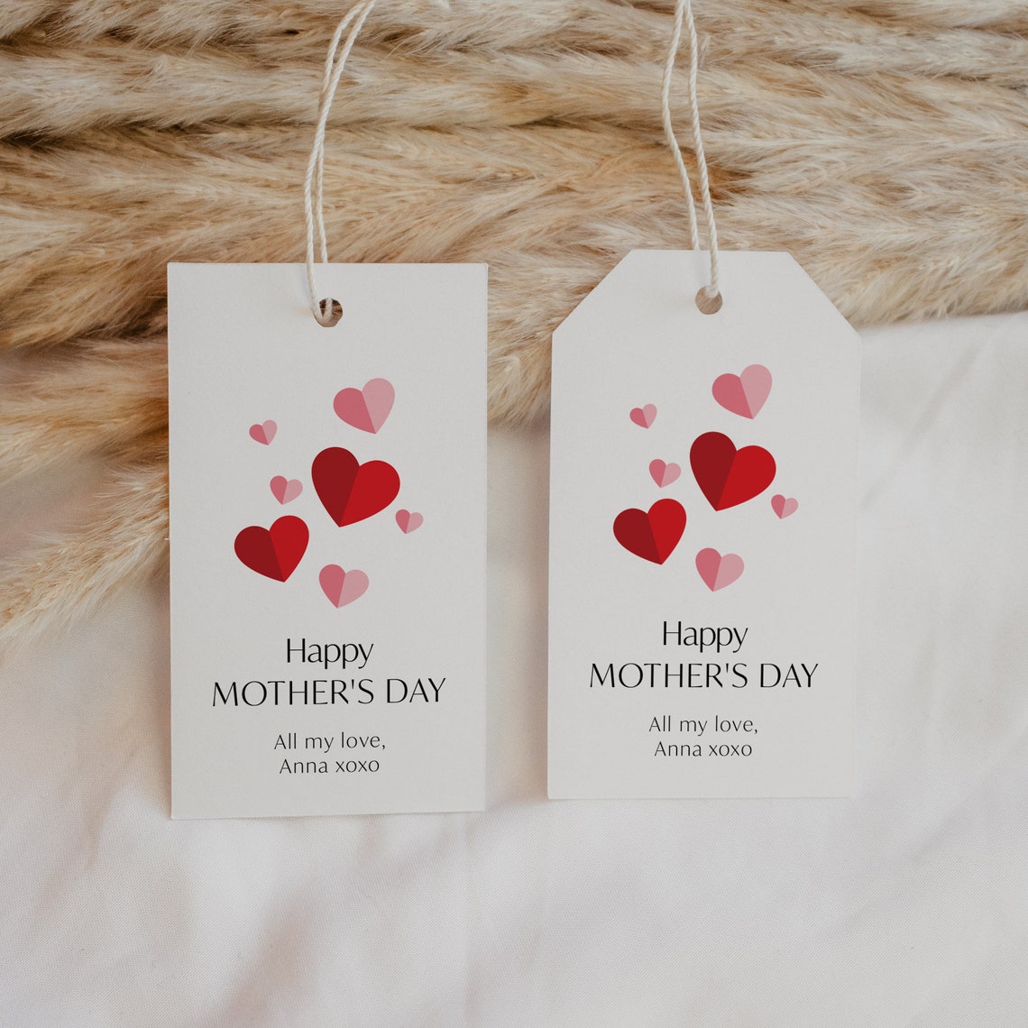 Chic Mother's Day Gift Tag, Simple Hang Tag With Modern Red Hearts ...