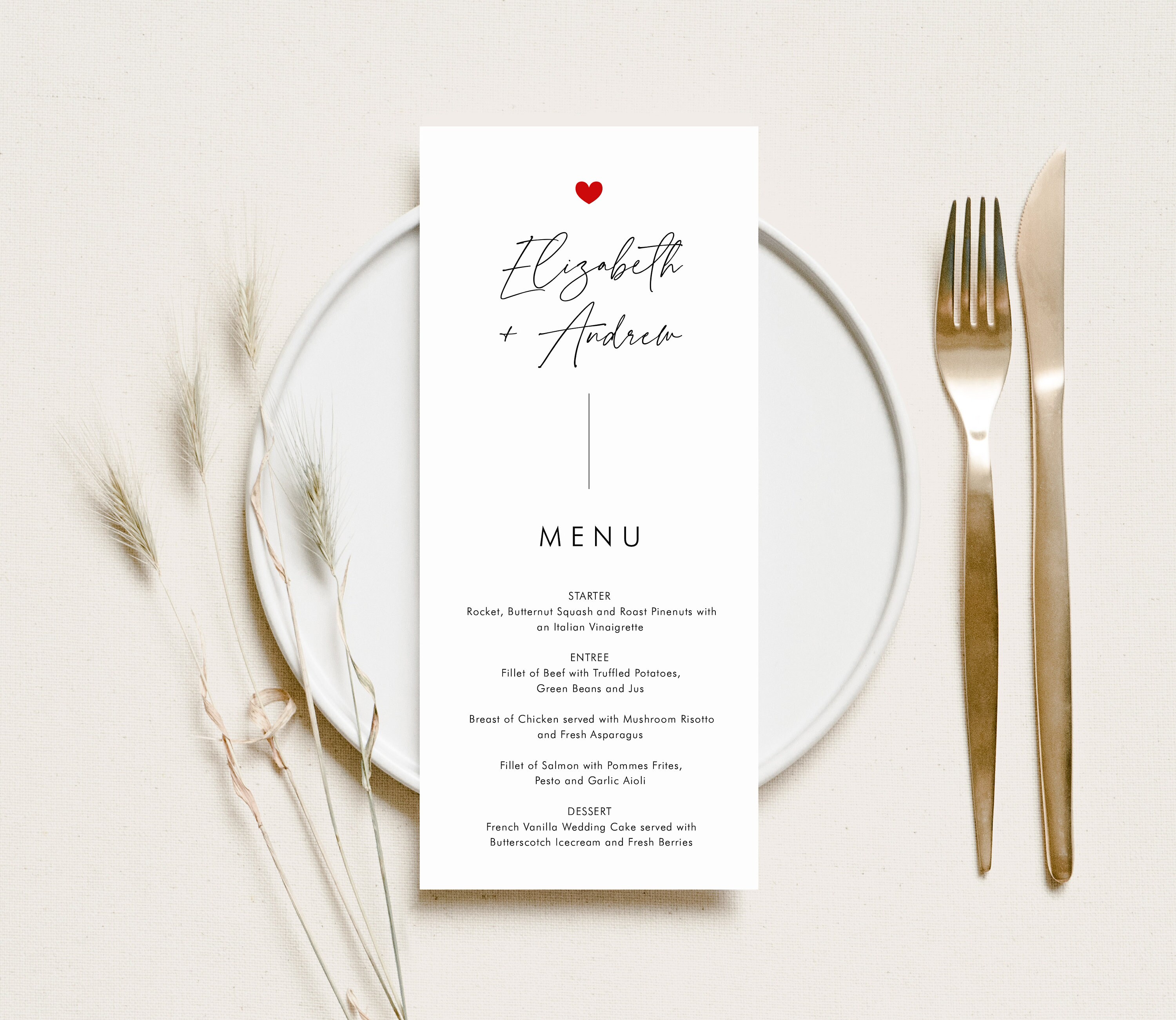 Minimalist Heart Menu Template Card, Contemporary Wedding Menu, Stylish ...