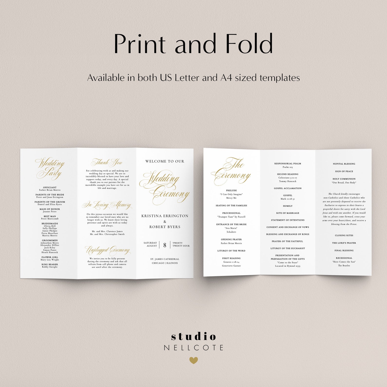 Gold Tri Fold Wedding Program Template - Trifold Program, Great for ...