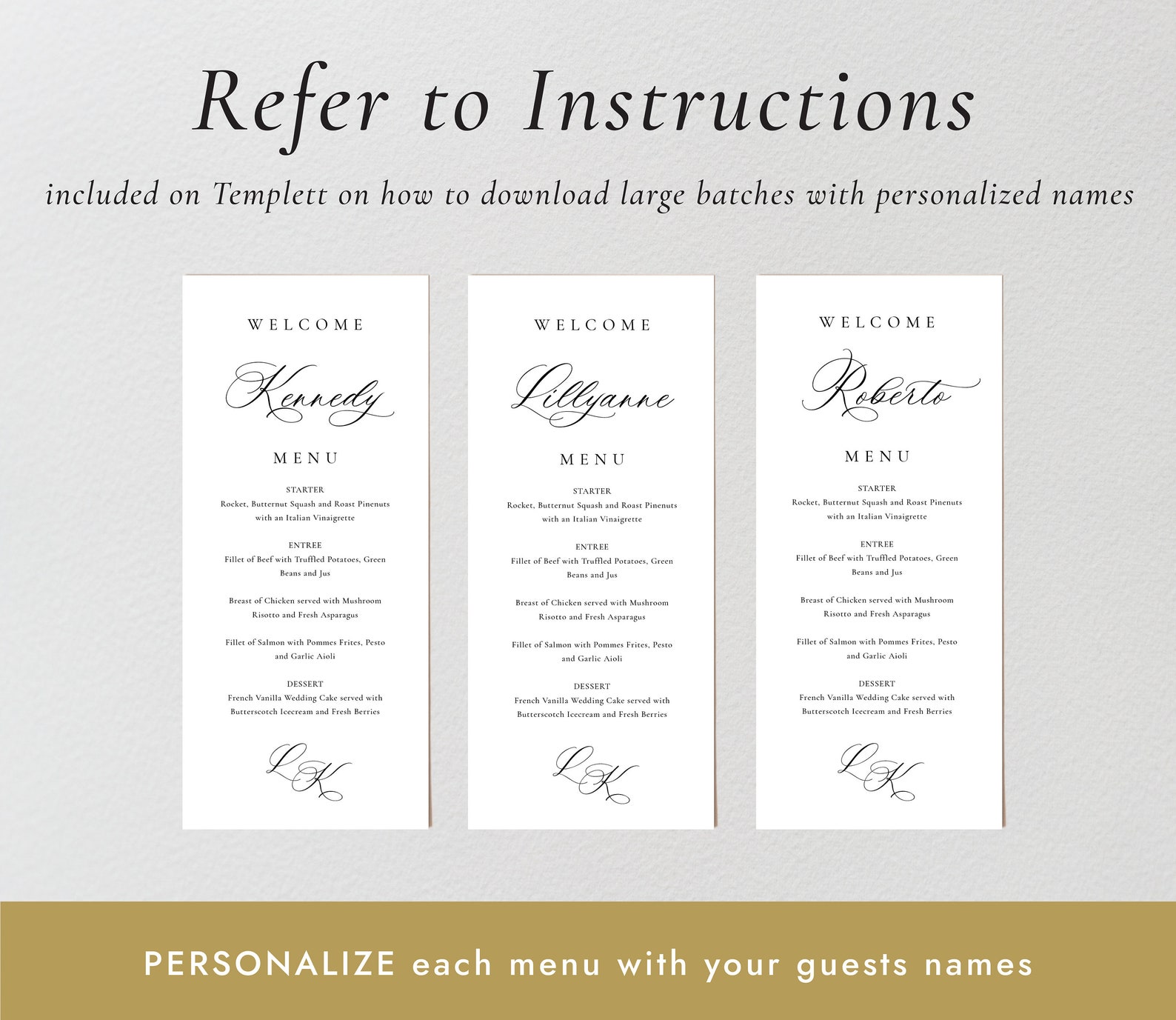 Calligraphy Monogram Guest Name Menu Template, Elegant Initials Wedding ...