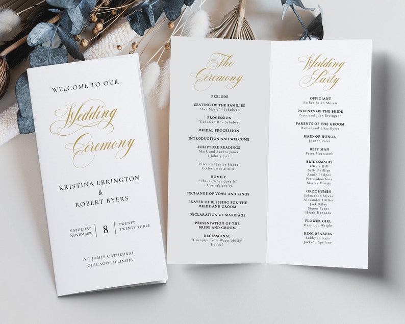 Gold Long Fold Wedding Program, Classic Calligraphy Bi-fold Template ...