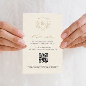 Gold Accommodations Card With QR Code, Wedding Crest Wedding Hotel ...