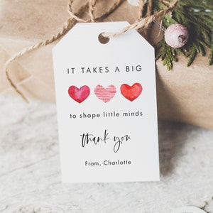 Red Watercolor Hearts Teachers Appreciation Favor Tag, It Takes a Big ...