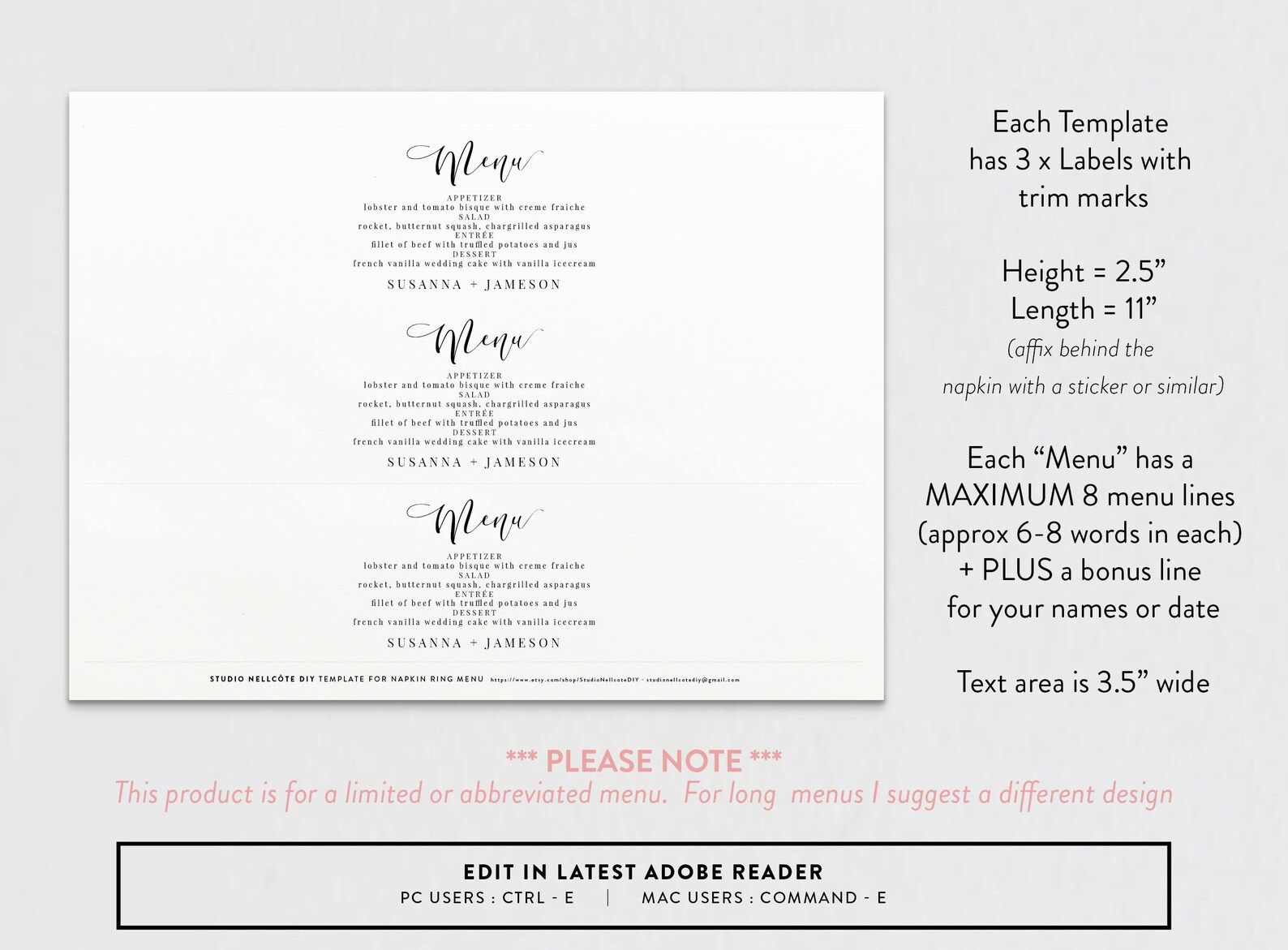 Wedding Menu-Napkin Ring Menu-Napkin Wrap Menu Template-Menu | Etsy