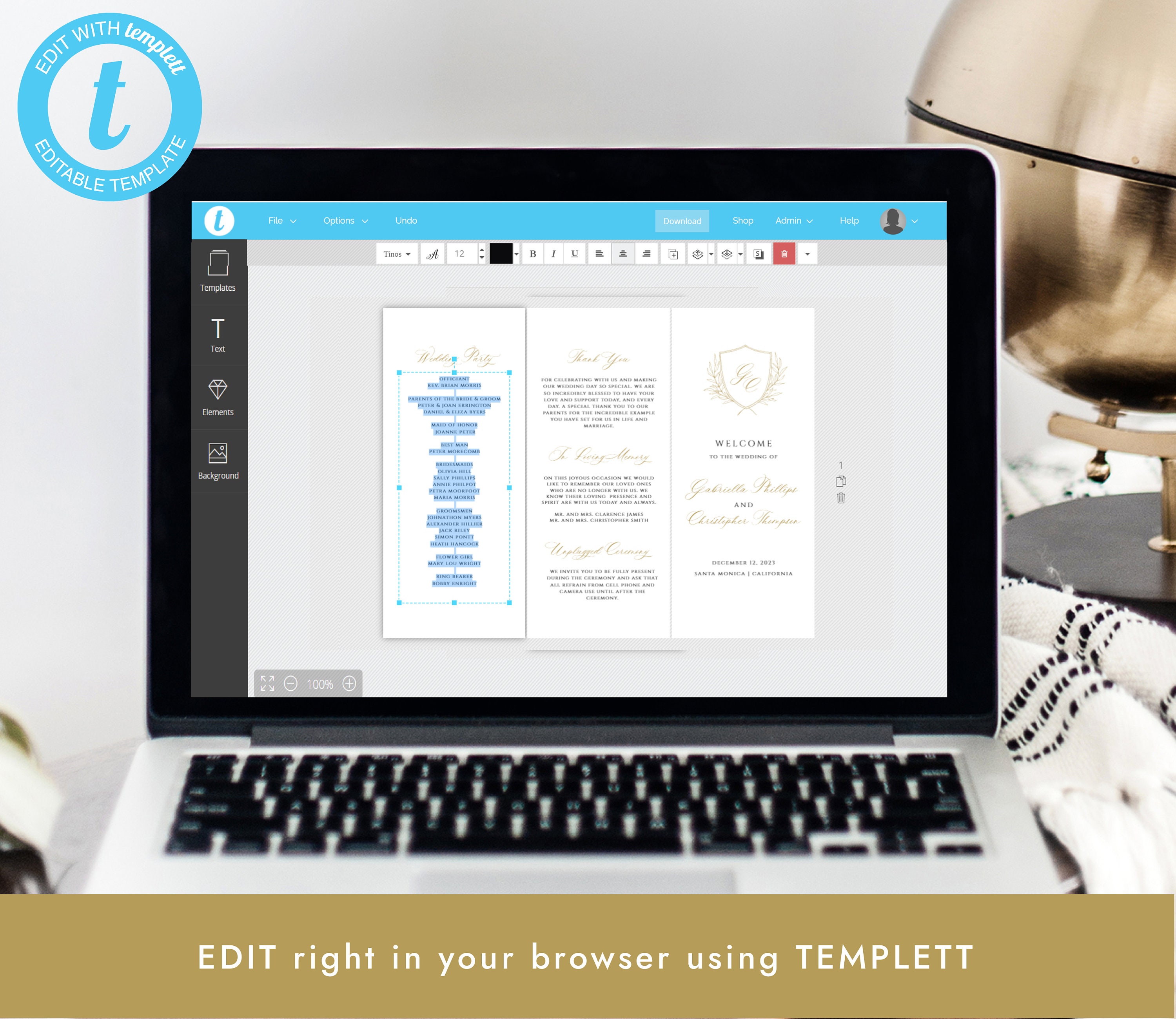 Gold Tri Fold Wedding Program Template, Wedding Crest Ceremony Program, Monogram Trifold ...