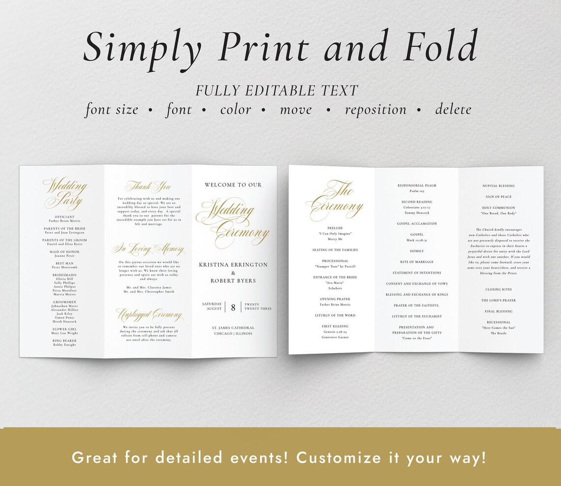 Gold Tri Fold Wedding Program Template Trifold Program - Etsy
