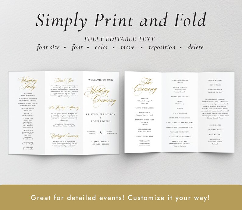 Gold Tri Fold Wedding Program Template Trifold Program - Etsy