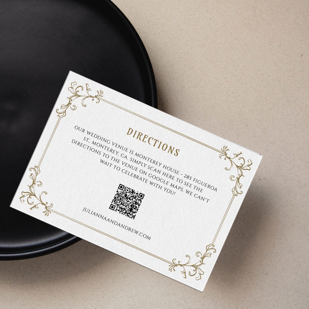 Baroque Directions Card With QR Code, Vintage Gold Printable Location ...