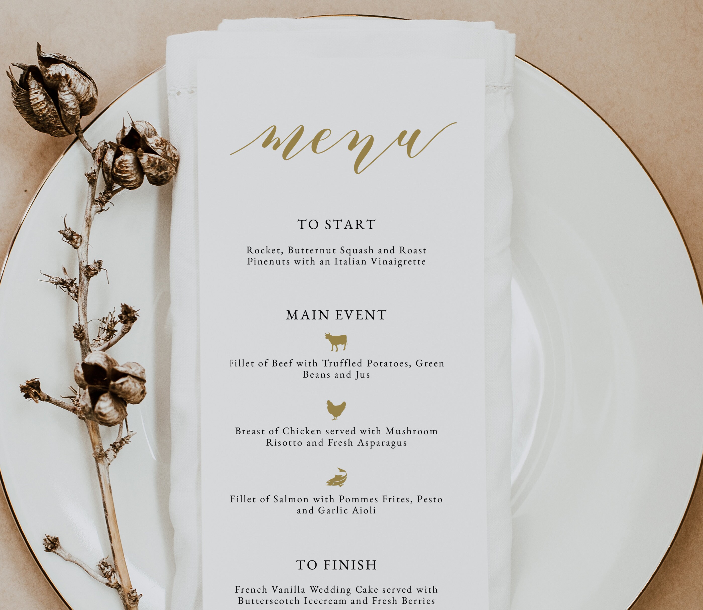 Gold Calligraphy Menu with Icons Unique Menu Meal Choice - Etsy.de