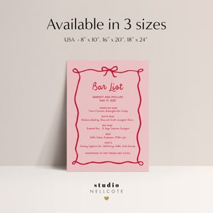 Bow Bar Menu Sign, Red Pink Handwritten Wedding Drinks List Signage ...