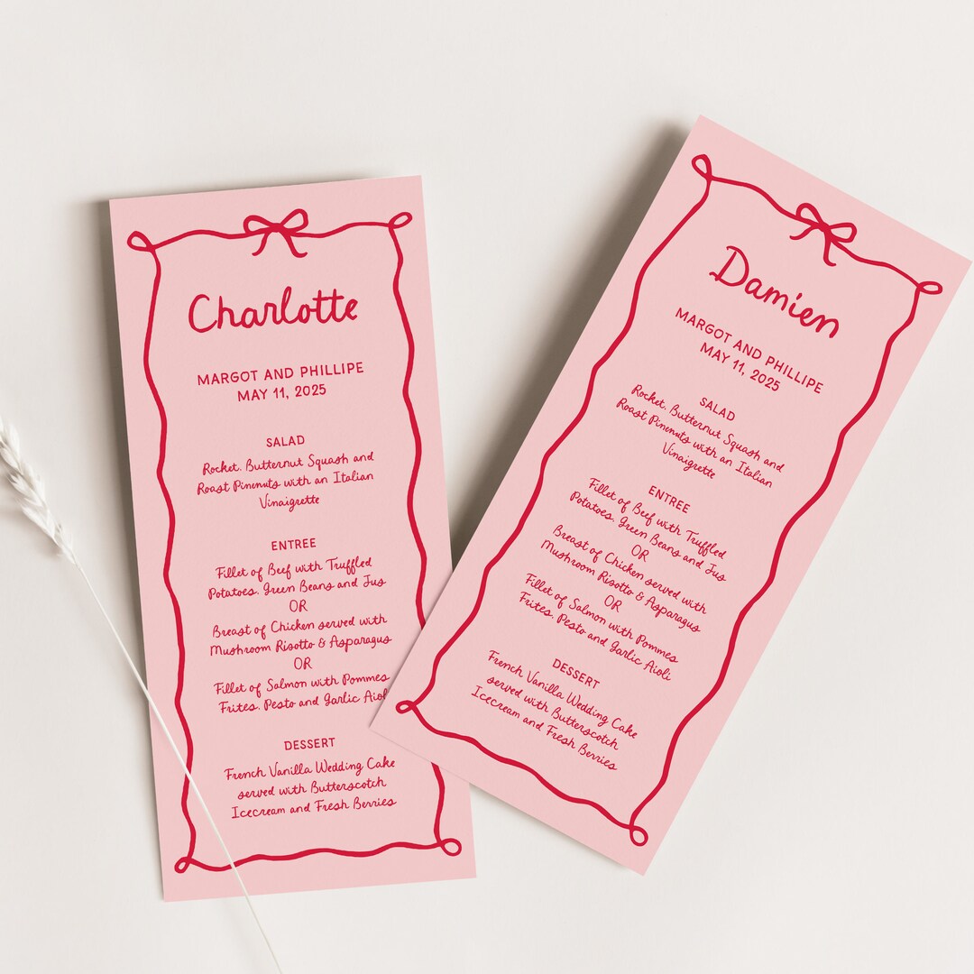 Fun Guest Name Wedding Menu Template, Red Pink Whimsical Named Menu ...