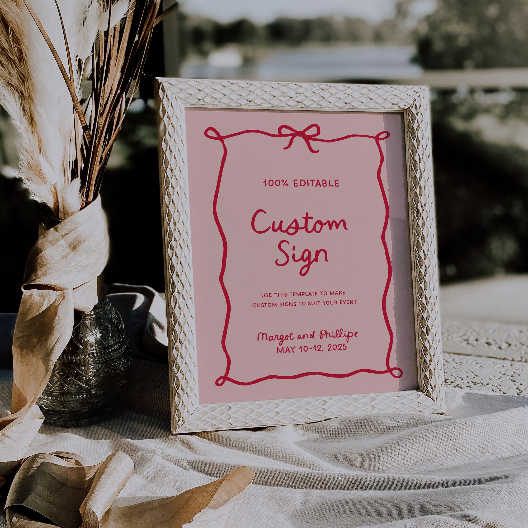 Wavy Custom Sign Template, Editbale Table Signs With Ribbon and Bow ...