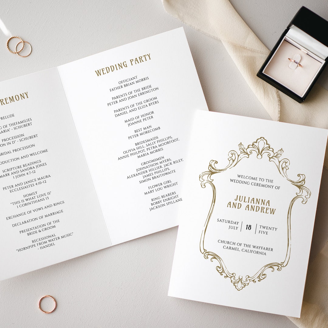 Gold Wedding Ceremony Program, Baroque Folded Handwritten Program ...