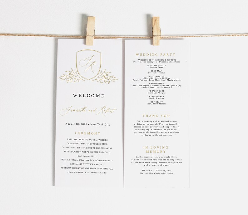 Gold Wedding Crest Program Template, Gold Monogram Editable Program ...