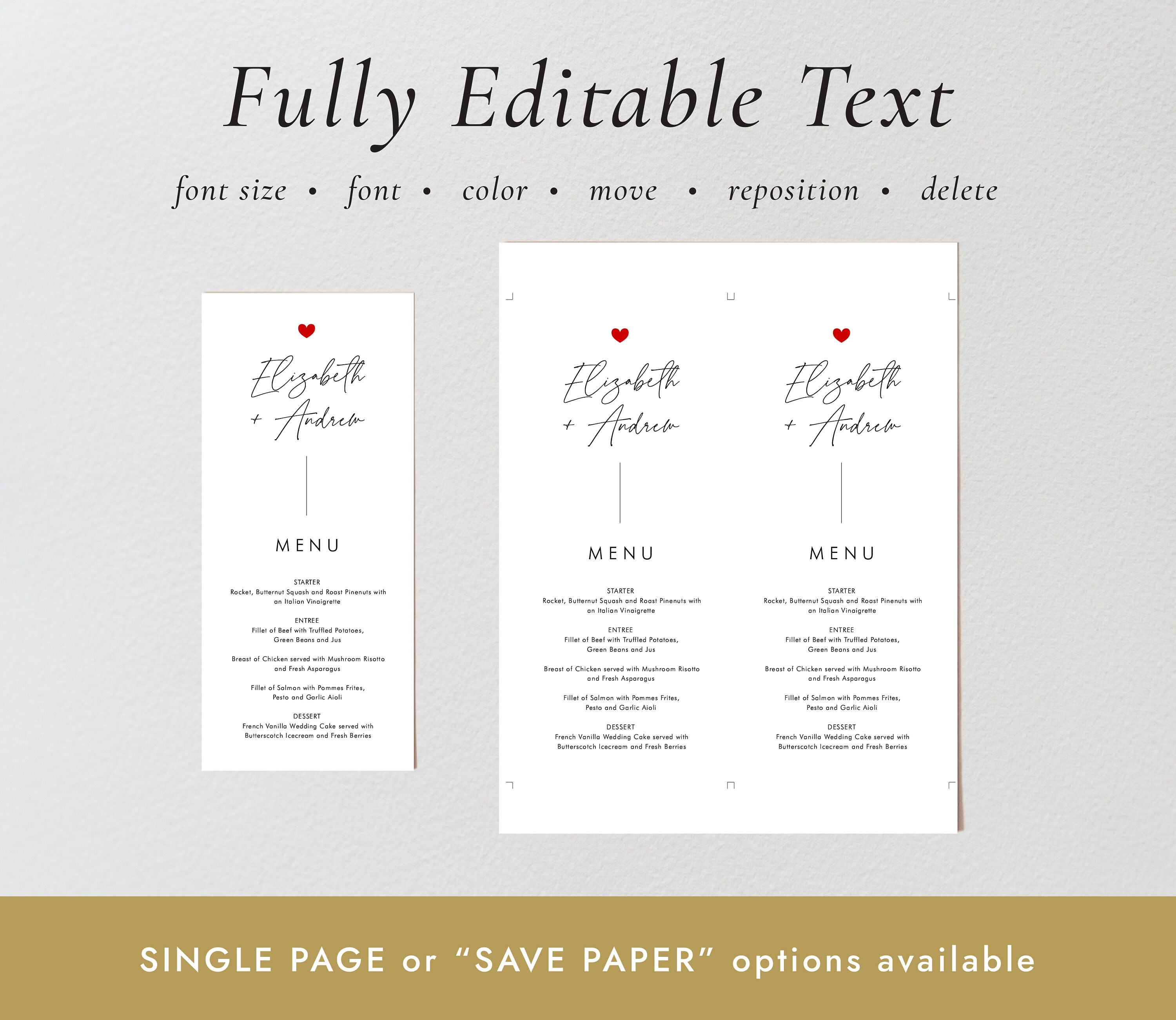 Minimalist Heart Menu Template Card Contemporary Wedding | Etsy