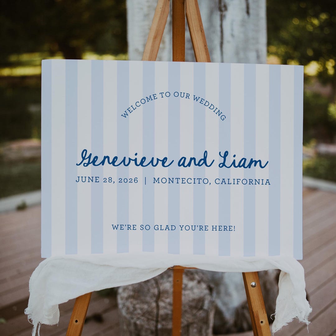 Striped Wedding Welcome Sign, Preppy Stripes, Blue and White Hand Drawn ...