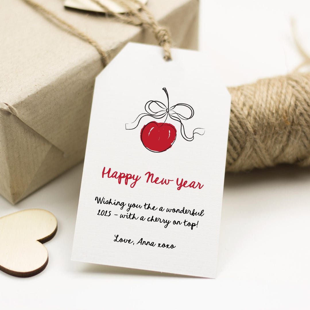 Happy New Year Gift Tag, Cherry and Bow 2025, New Year Tag, Hand Drawn ...