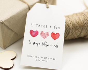 Red Watercolor Hearts Teachers Appreciation Favor Tag, It Takes a Big ...