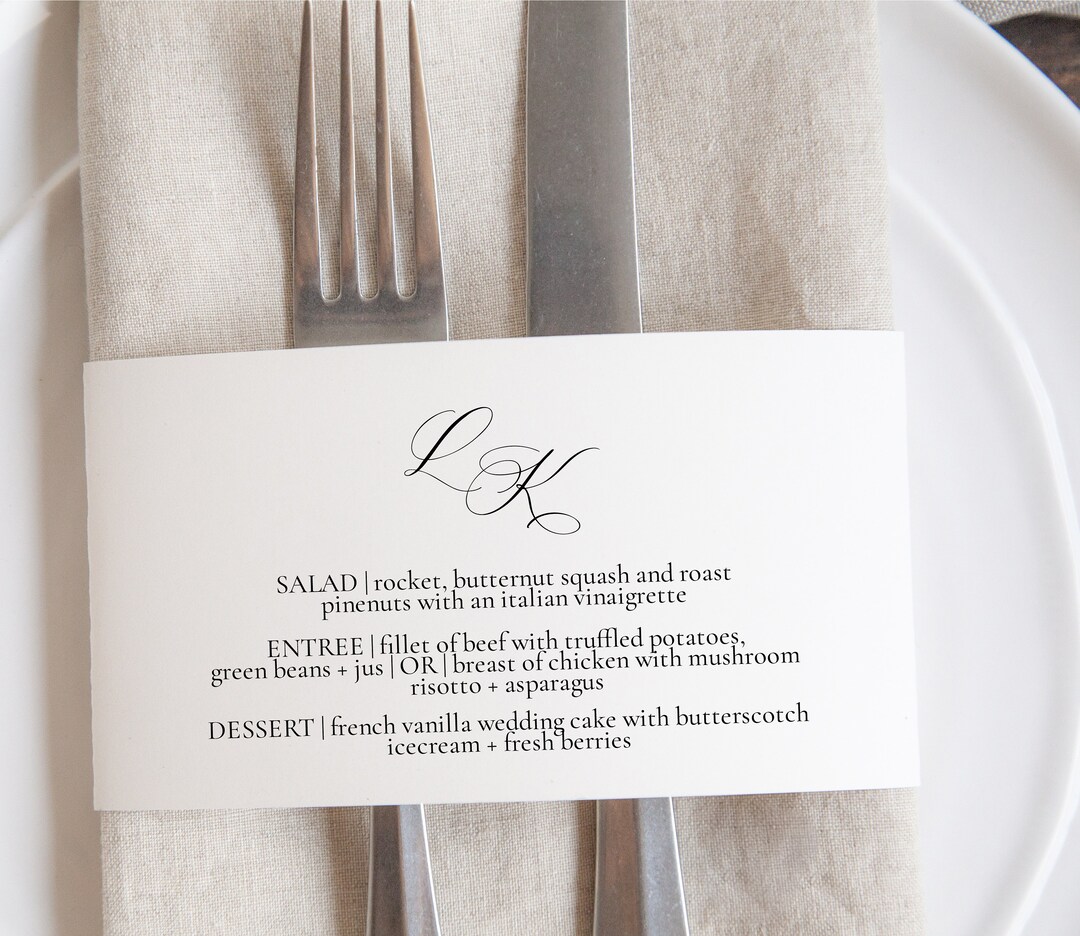 Calligraphy Monogram Napkin Wrap Menu, Elegant Initials Napkin Ring ...