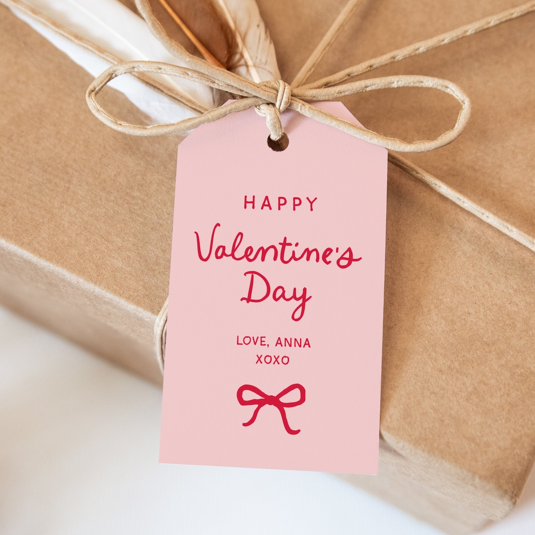 Whimsical Happy Valentines Day Gift Tag, Coquette Bow, Pink and Red ...