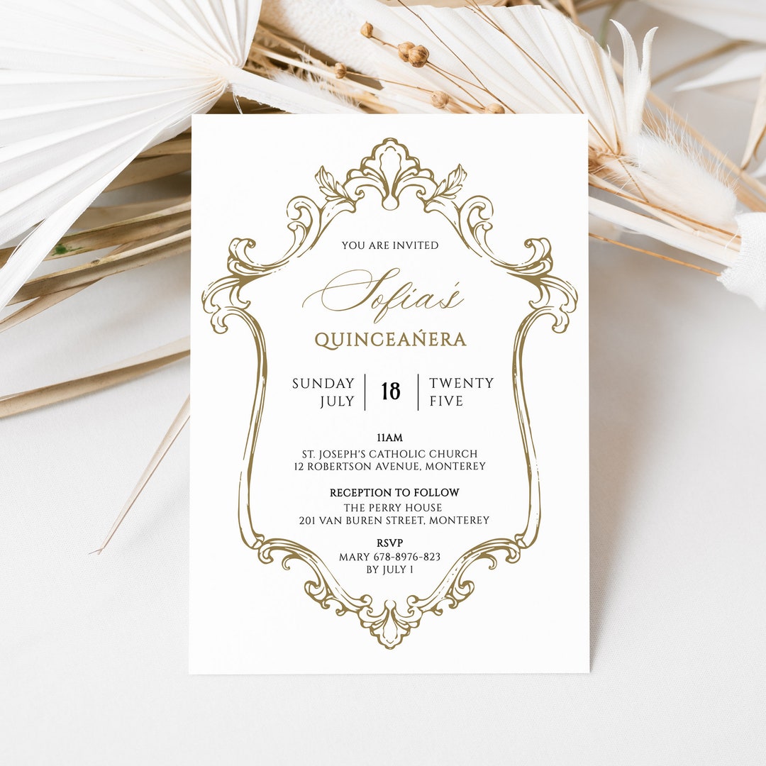 Gold Quineanera Invitation, Elegant Vintage Frame Template, Art Noveau ...