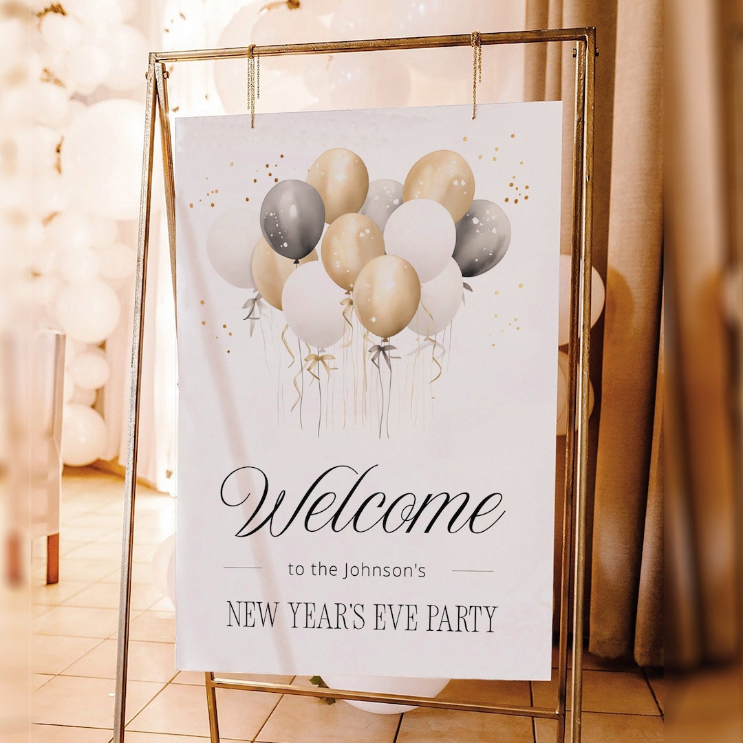 Gold New Year's Eve Party Welcome Sign, Watercolor Balloons Party ...