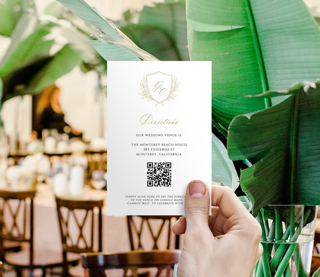 Gold Directions Card With QR Code, Weding Crest Printable Location ...