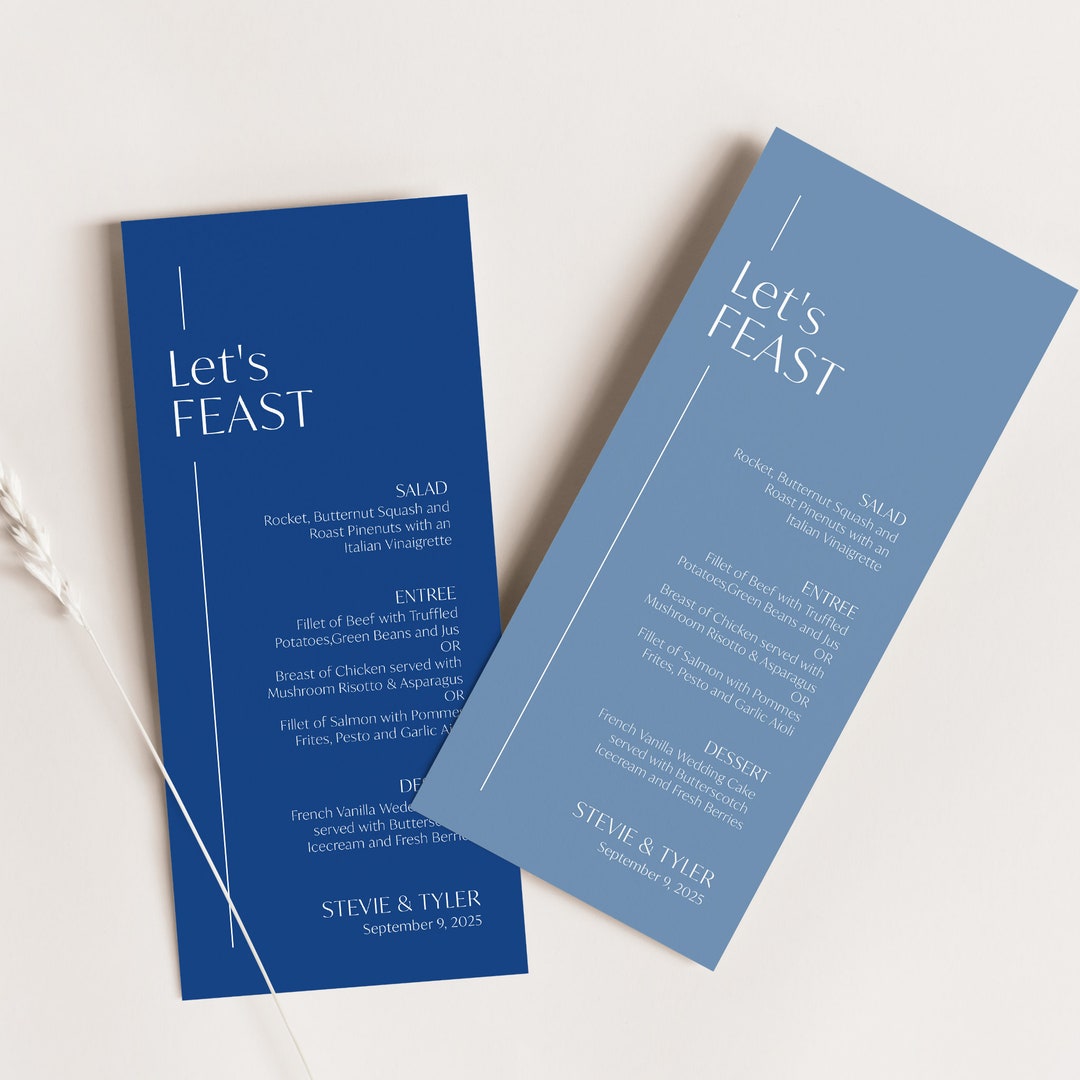 Dusty Blue and Marseilles Bleu Menu Template, Let's Feast Wedding Menu ...