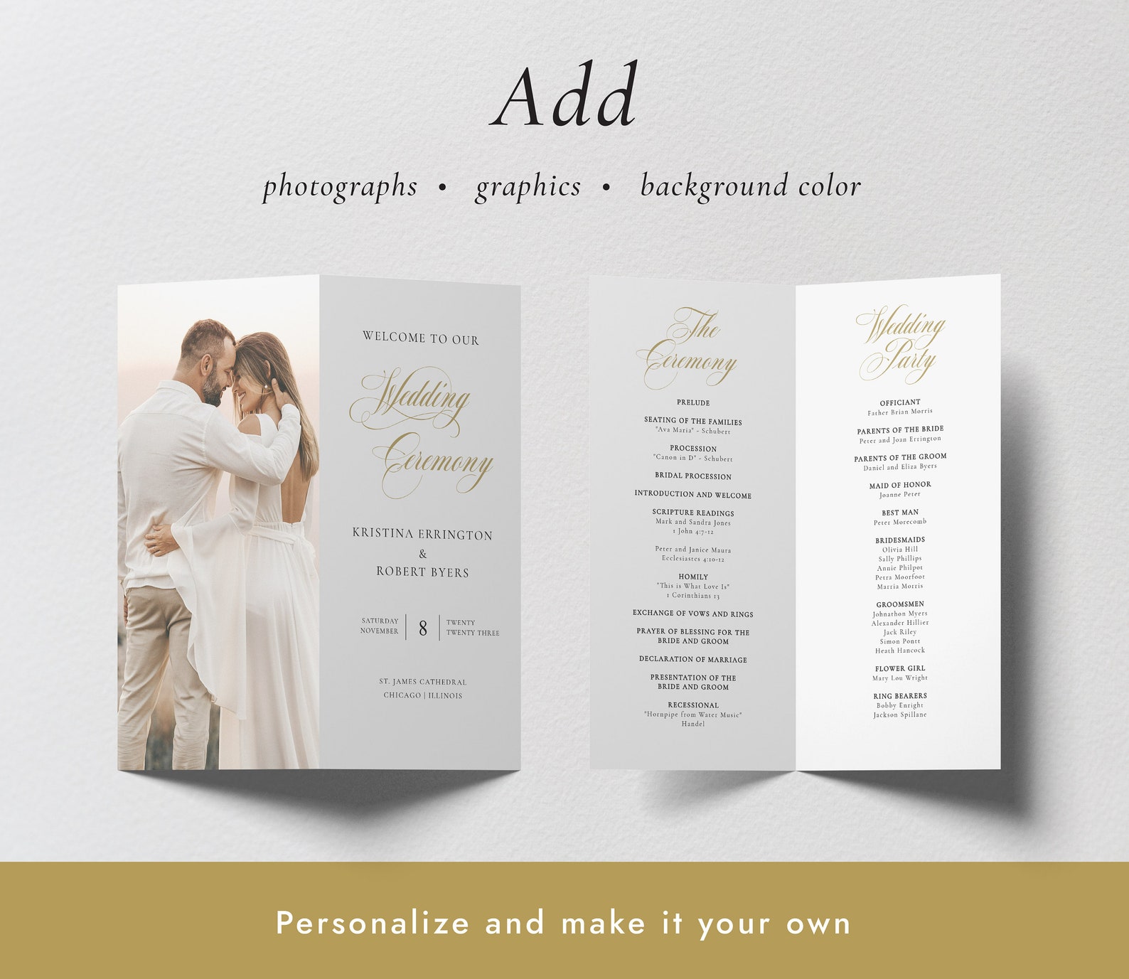 Gold Long Fold Wedding Program, Classic Calligraphy Bi-fold Template ...