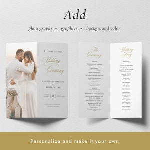 Gold Long Fold Wedding Program, Classic Calligraphy Bi-fold Template ...