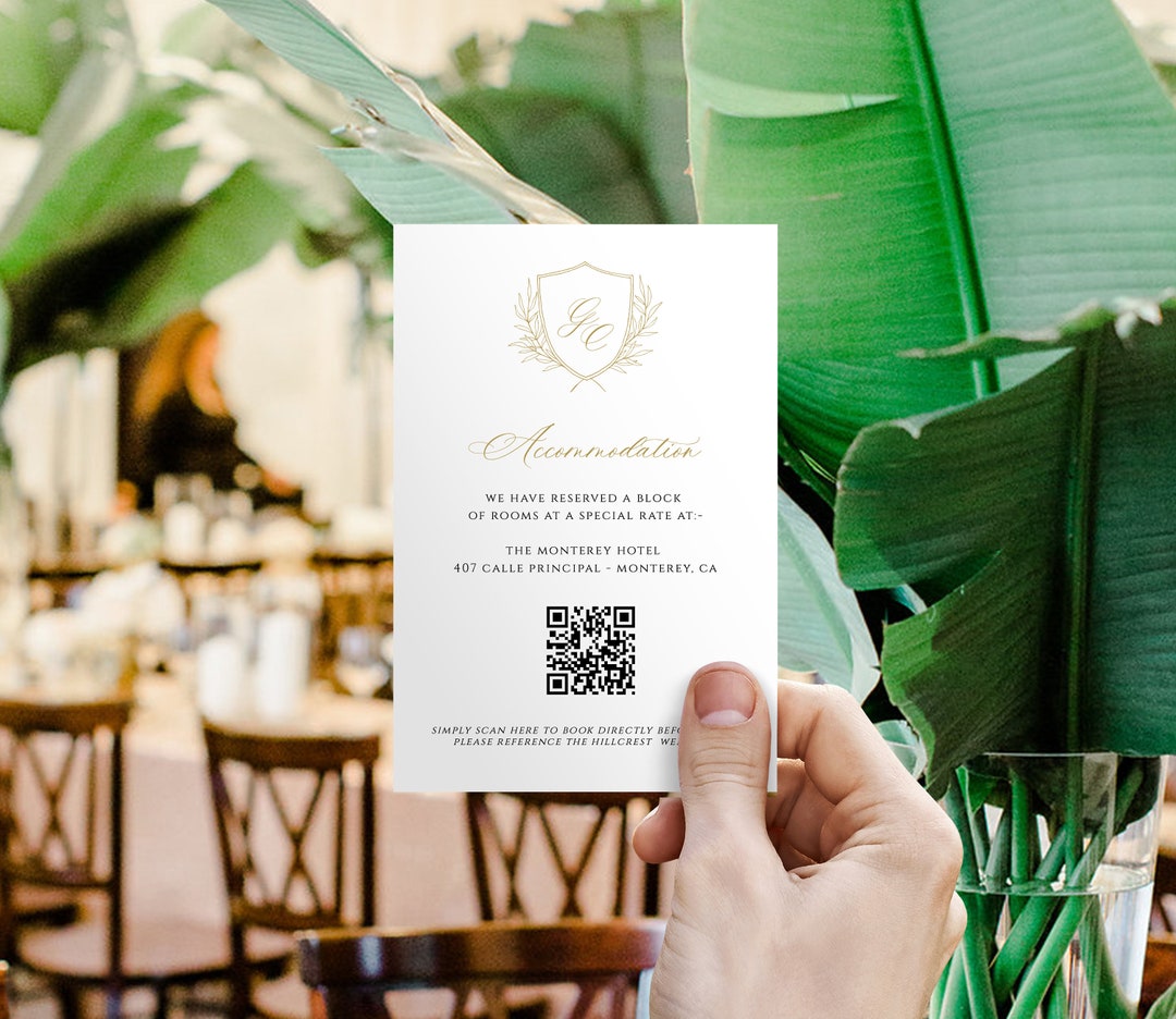 Gold Accommodations Card With QR Code, Wedding Crest Wedding Hotel ...