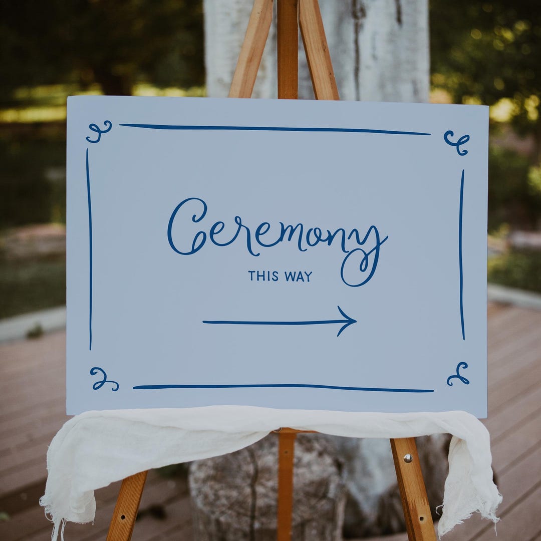 Curly Hand Drawn Ceremony This Way Sign, Squiggly Calligraphy Wedding ...