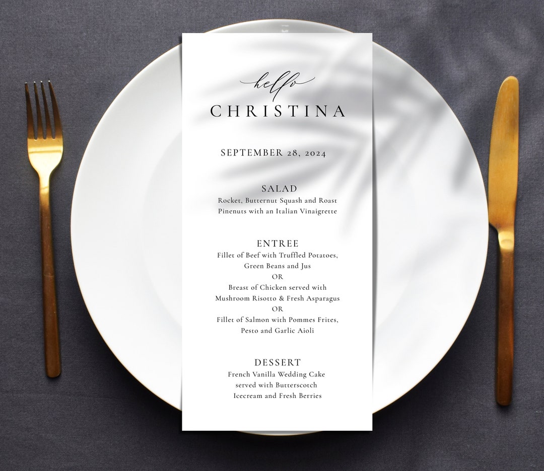 Guest Name Menu Template, Classic Minimalist Wedding Menu, Name Menu ...