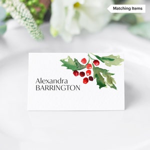 Chic Christmas Holly Gift Tag Template, Festive Watercolor Hang Tag ...