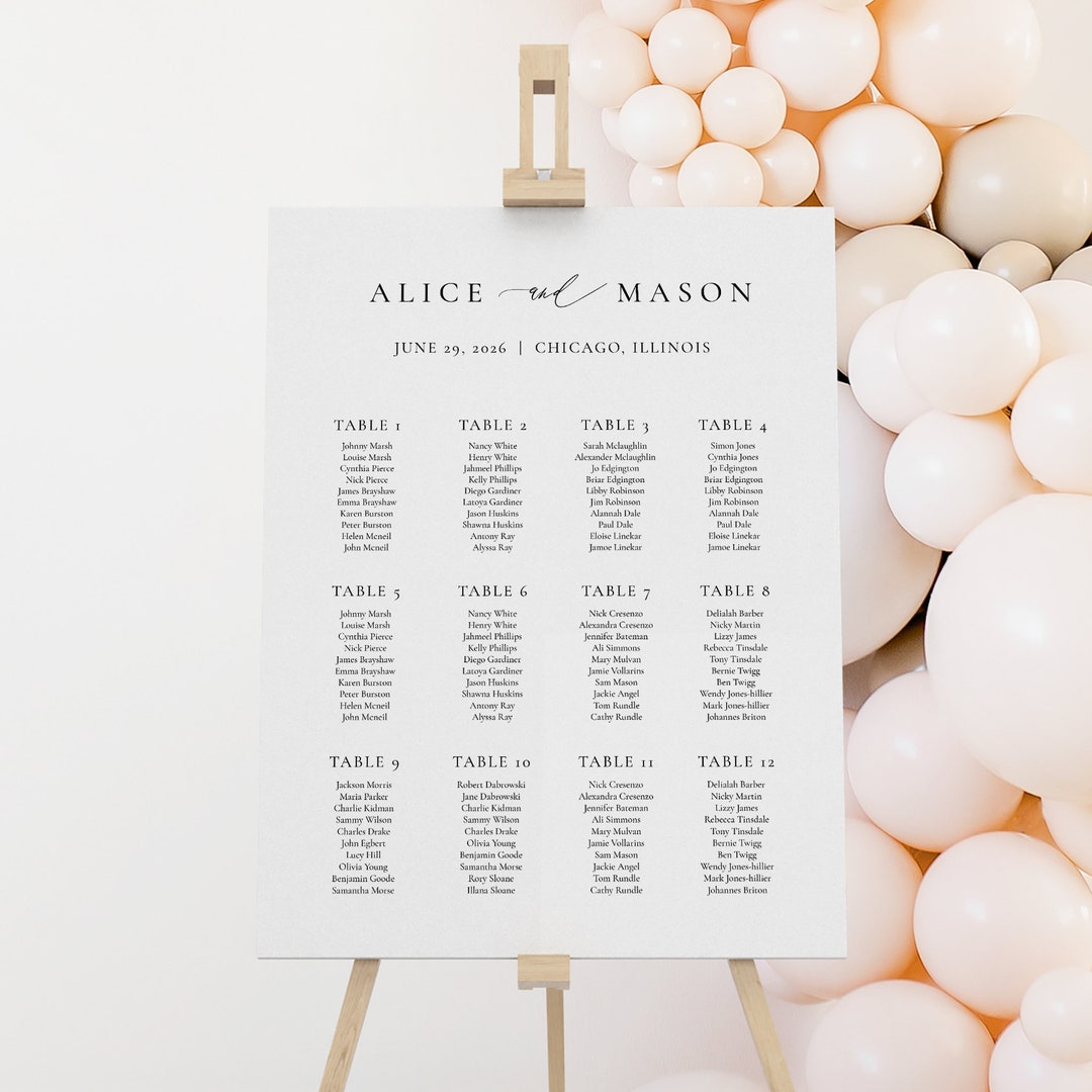 Elegant Seating Chart Template, Classic Minimalist Seating by Table ...