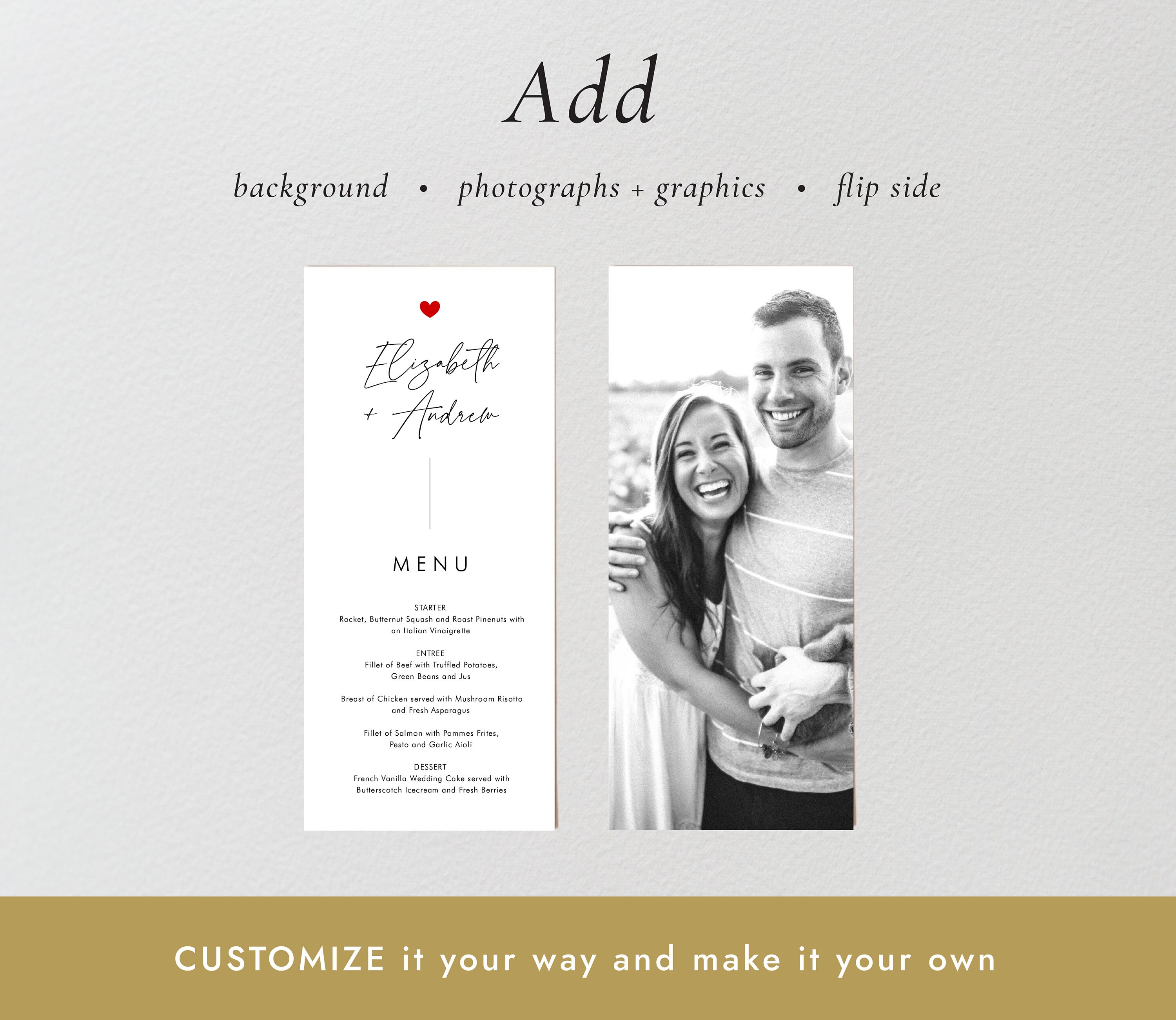 Minimalist Heart Menu Template Card, Contemporary Wedding Menu, Stylish ...