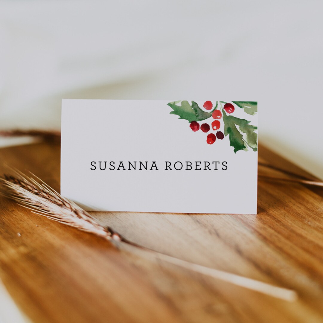 Christmas Place Names, Watercolor Holly Place Cards, Guest Name Table ...