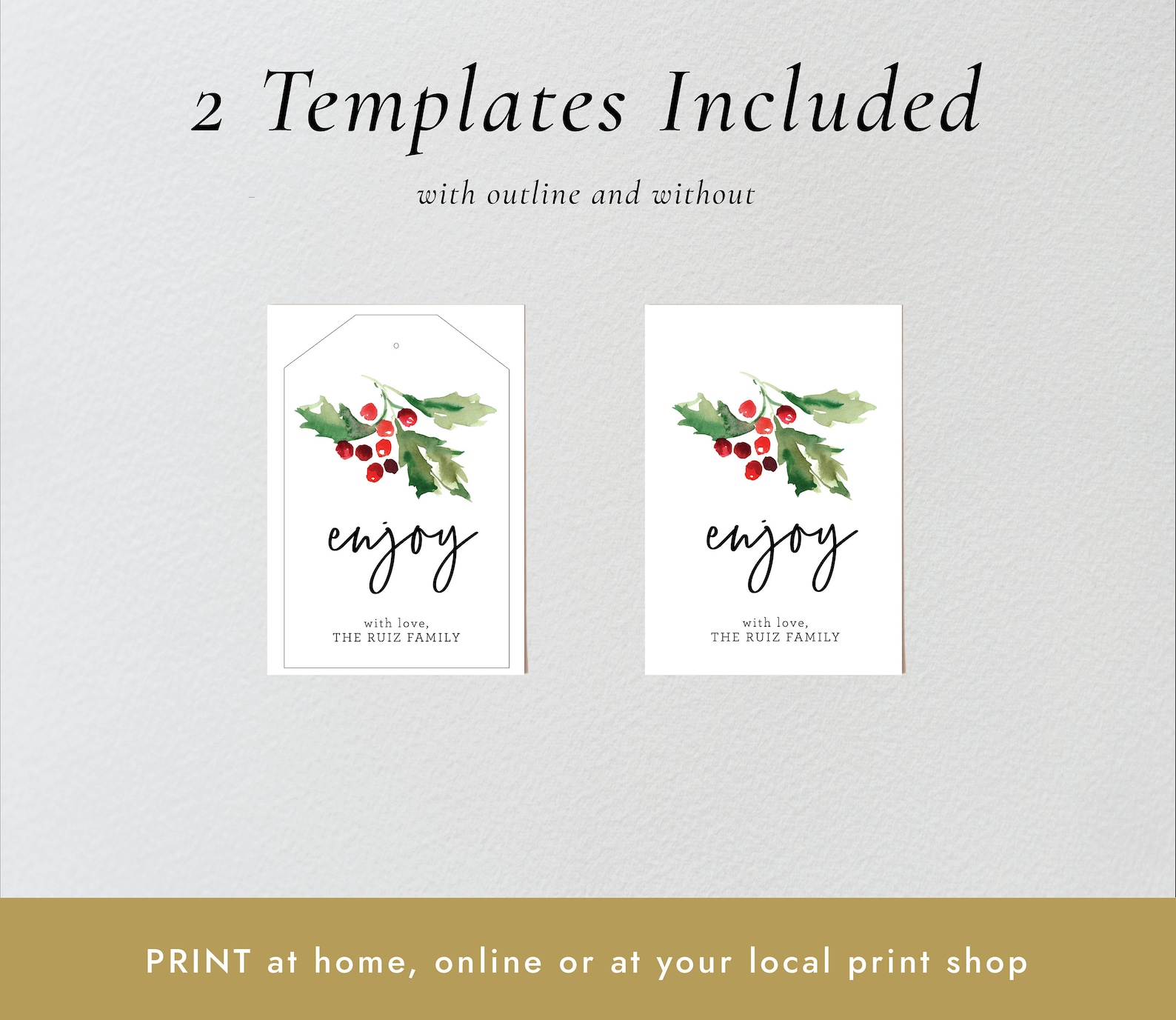 Christmas Holly Gift Tag Template Watercolor Gift Tag - Etsy