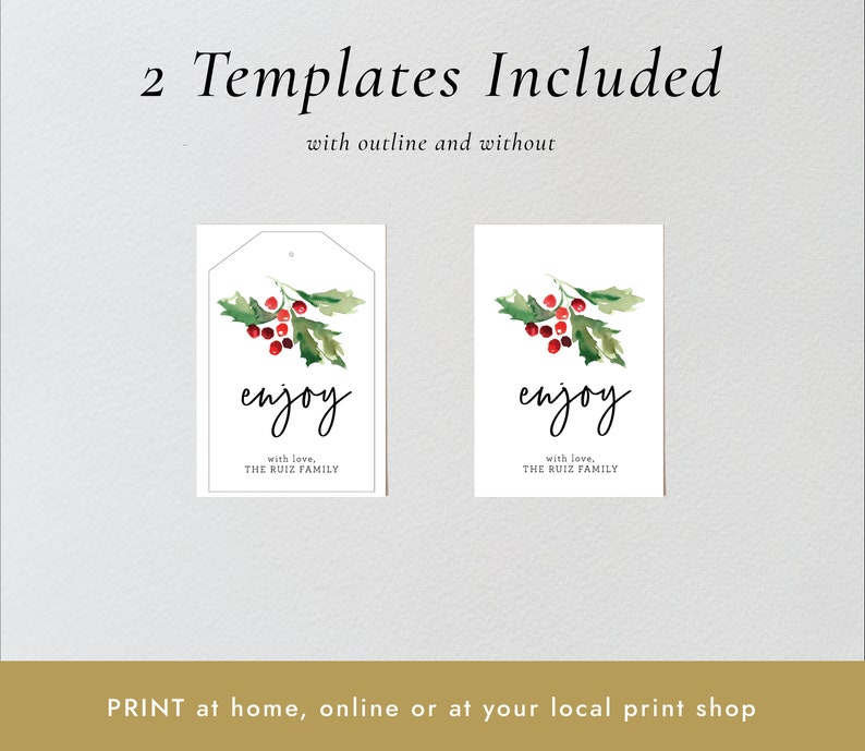 Christmas Holly Gift Tag Template Watercolor Gift Tag | Etsy
