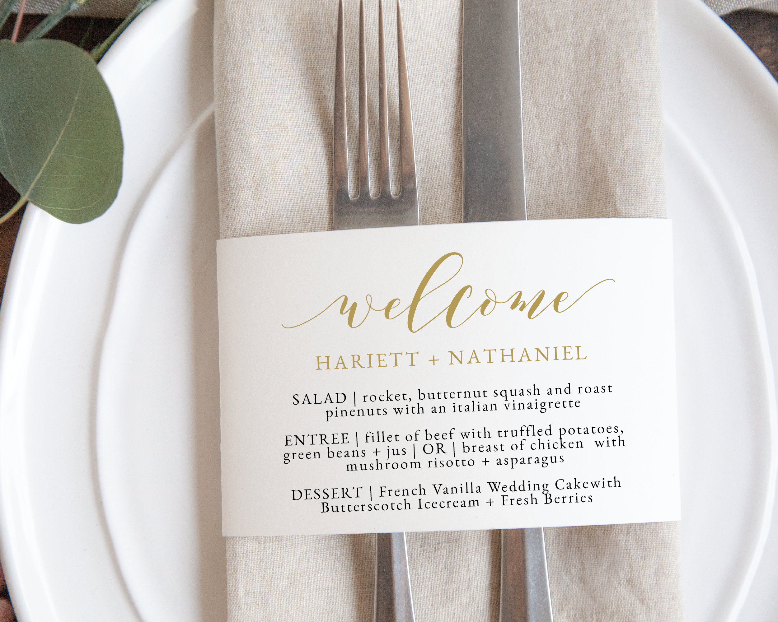 Gold Napkin Ring Menu Template - Wedding Wrap Menu, Wedding Napkin Menu ...