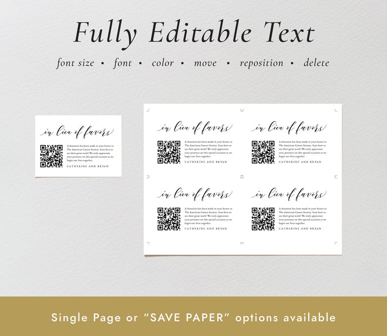 Calligraphy Charity Donation Card With QR Code in Lieu of - Etsy