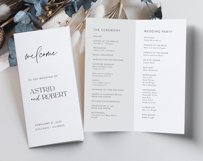 Folding Wedding Program Template, Greenery Leaves Garden, Classic ...