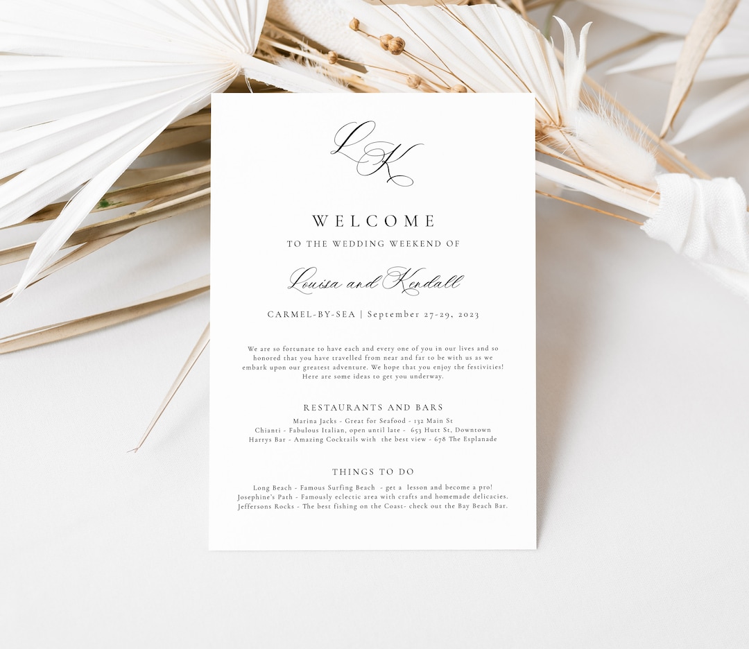 Calligraphy Monogram Wedding Welcome Bag Card, Information Insert for ...