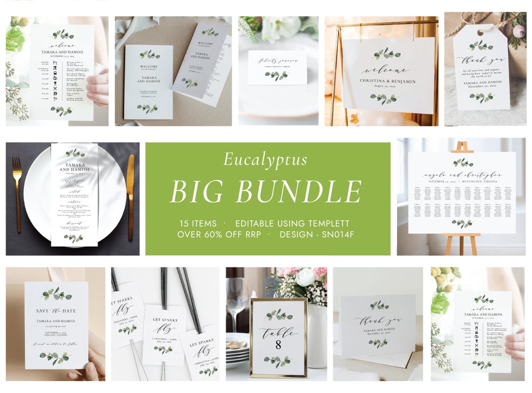 Big Eucalyptus Wedding Bundle Includes Invitations, Menus, Programs, Seating Charts and MUCH ...