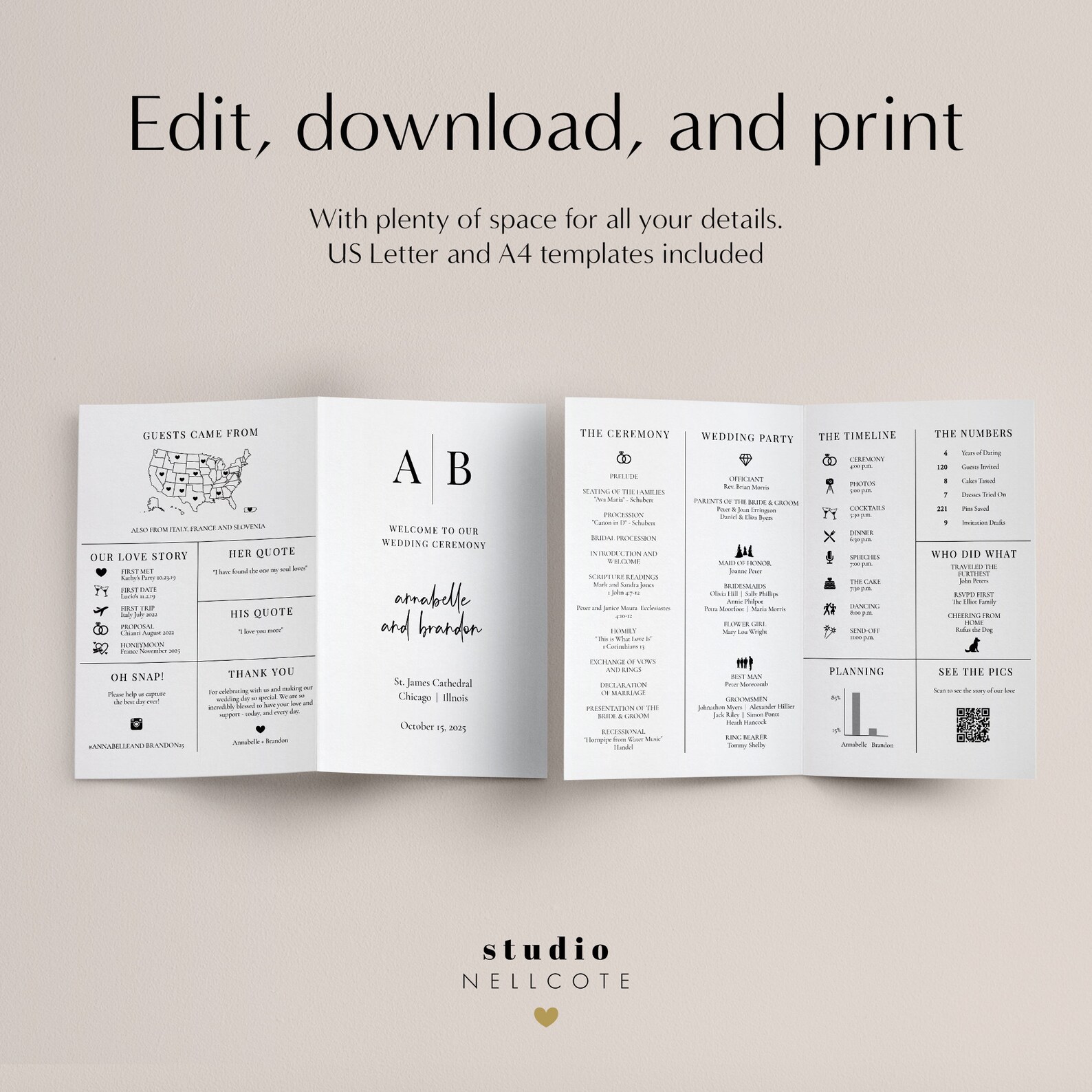 Monogram Wedding Infographic Folded Program, Bi Fold Wedding Schedule ...