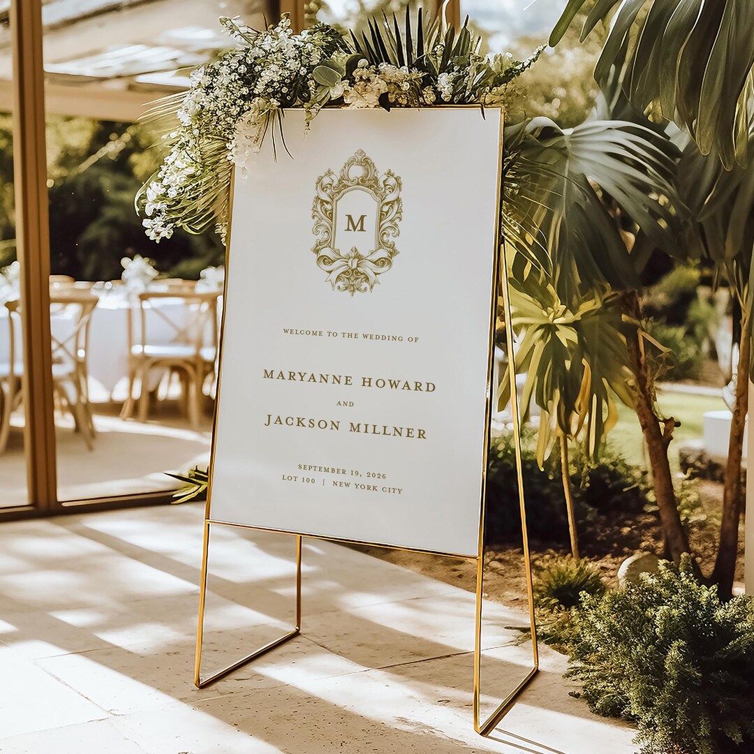 Gold Monogram Crest Wedding Welcome Sign, Ornate Baroque Rococo Signage ...