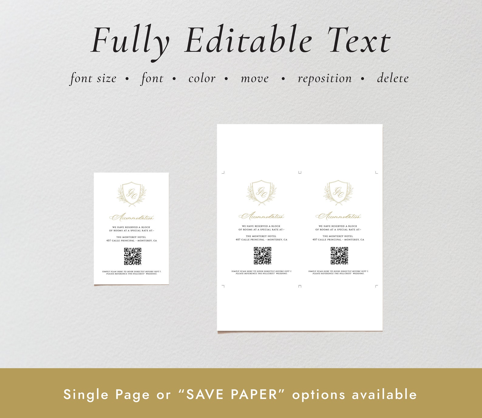 Gold Accommodations Card With QR Code, Wedding Crest Wedding Hotel ...